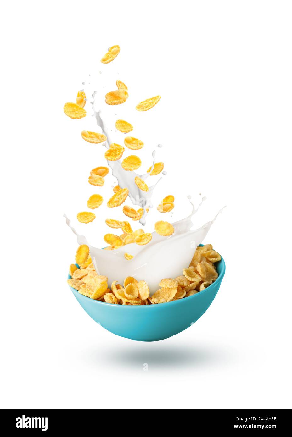 Tasty corn flakes with milk splashing out of bowl isolated on white ...