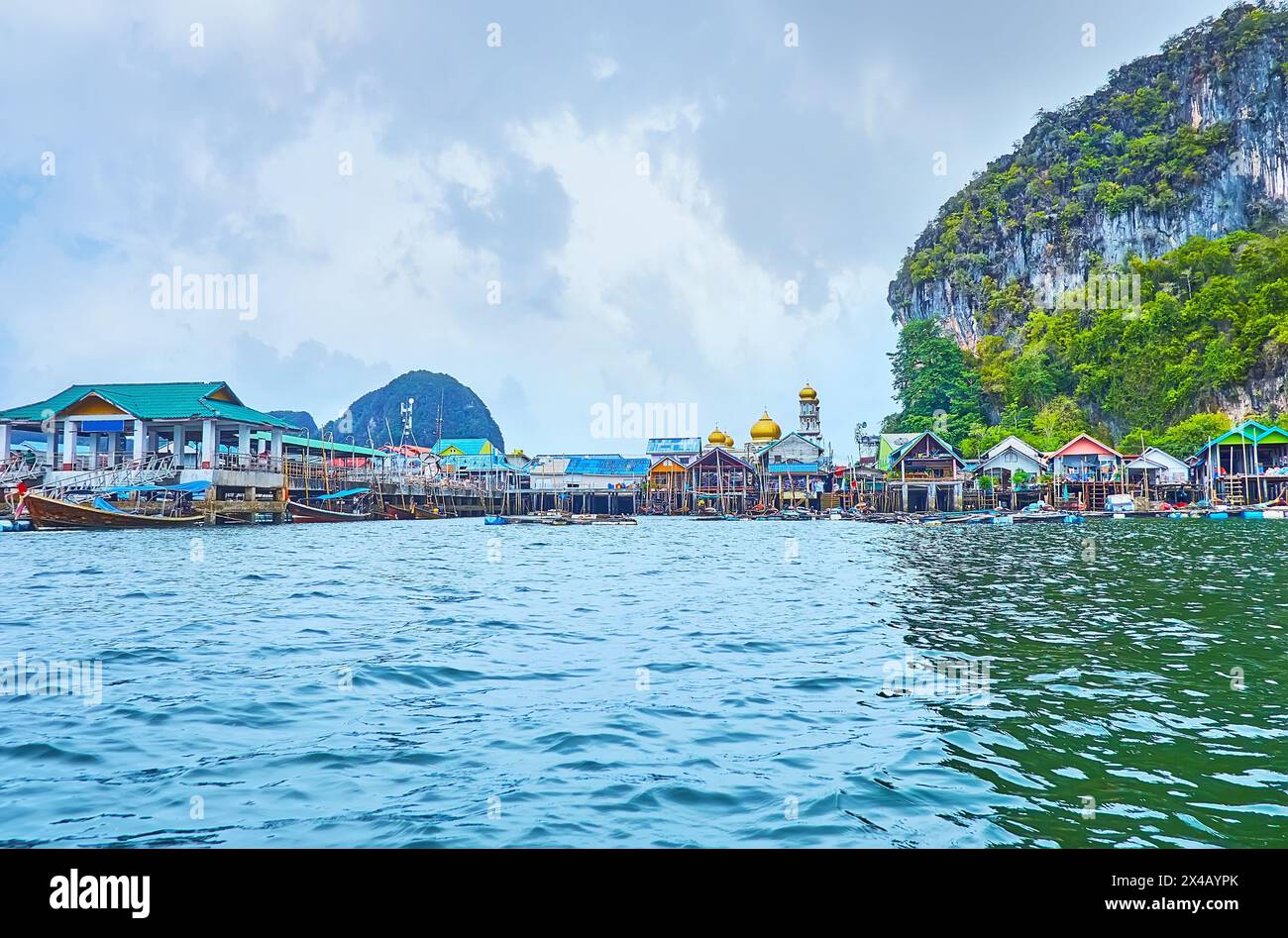 The colorful stilt houses and boats of Muslim village of Ko Panyi (Koh ...