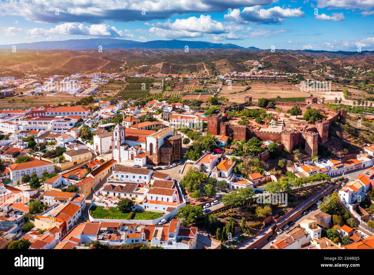 View of Silves town buildings with famous castle and cathedral, Algarve ...