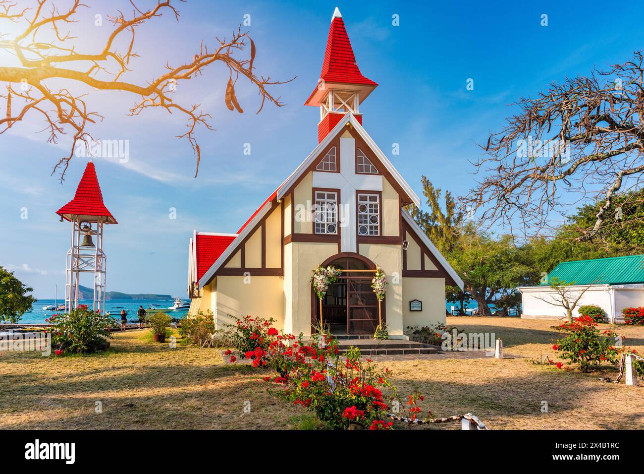 Red church at Cap Malheureux village, Mauritius Island. Notre Dame de ...