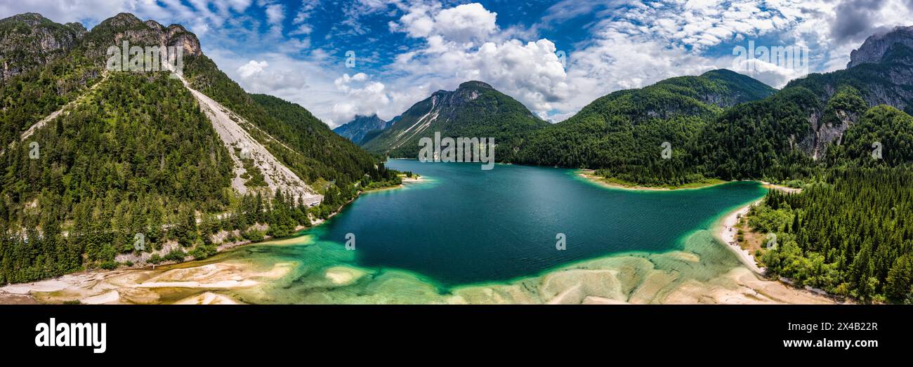 View to Julian Alps mountains above Predil lake in Italy with small ...