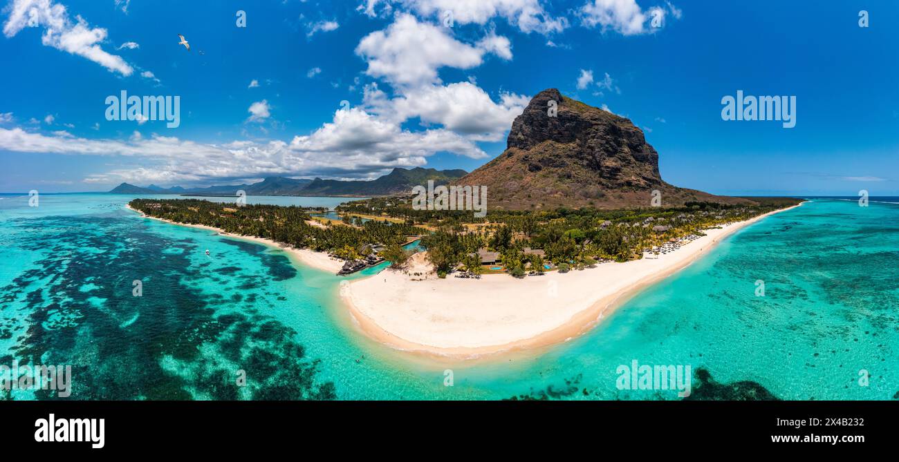 Beach with palm trees and umbrellas on Le morne beach in Mauriutius ...