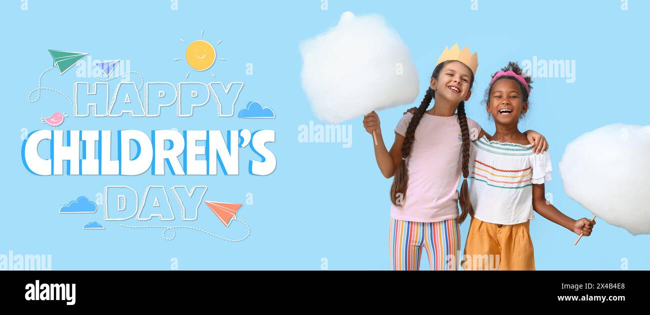 Banner for Happy Children's Day with cute girls and candy floss Stock ...