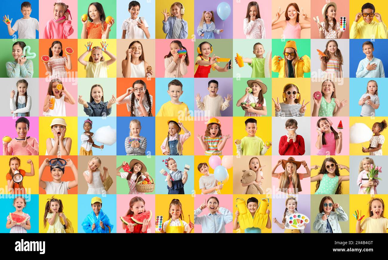 Big collage of emotional little children on color background Stock ...