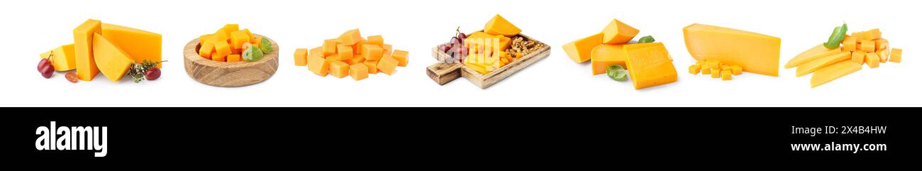 Set of tasty cheddar cheese on white background Stock Photo - Alamy