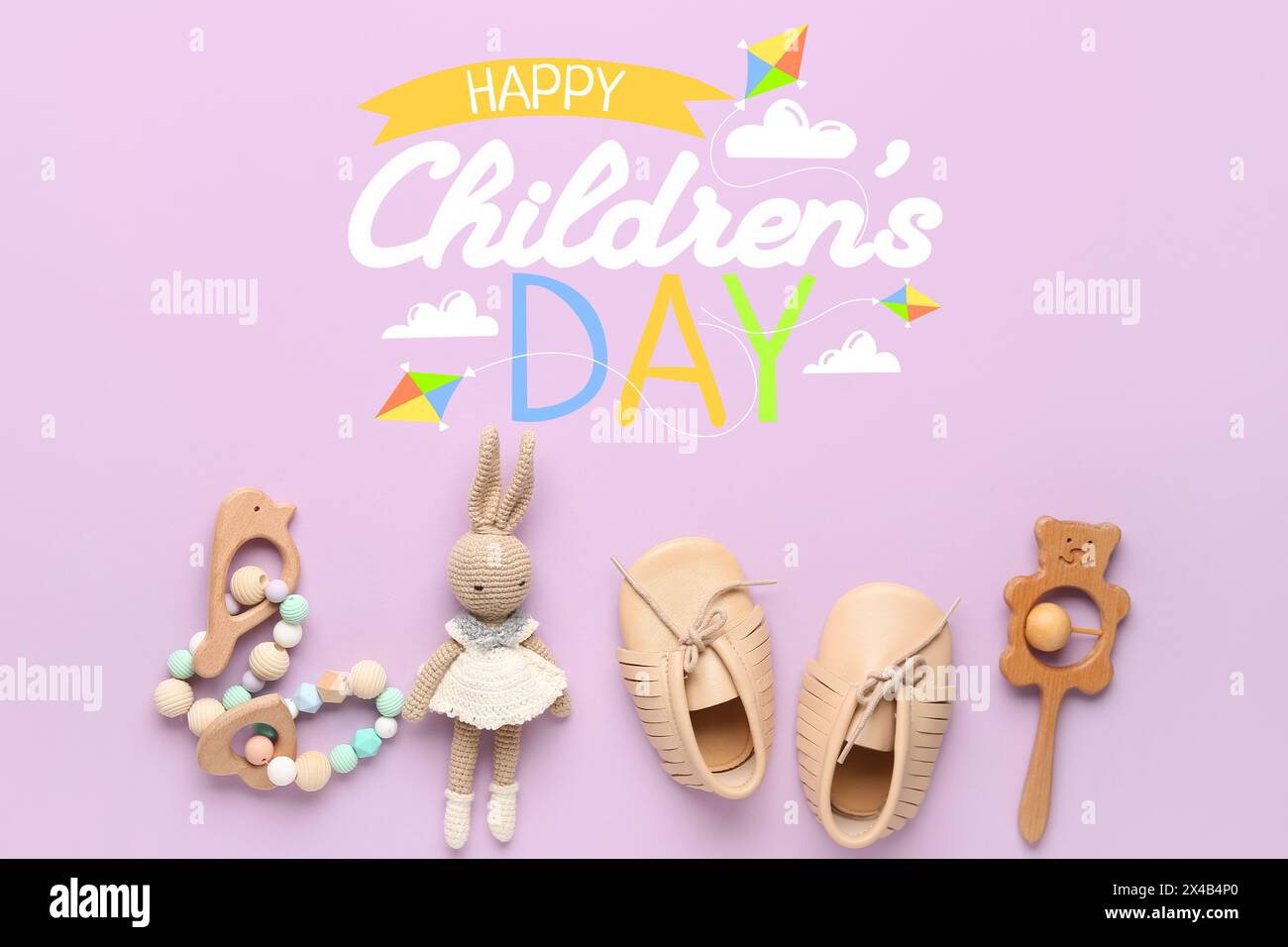 Festive banner for Children's Day with baby booties and toys Stock ...