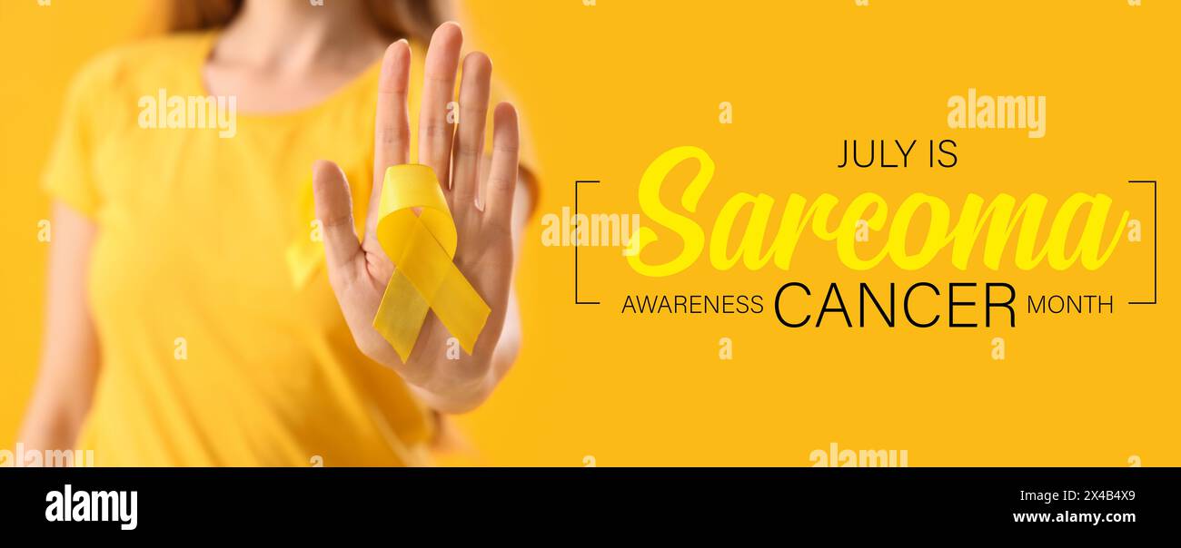 Woman with yellow ribbon on color background, closeup. Banner for ...