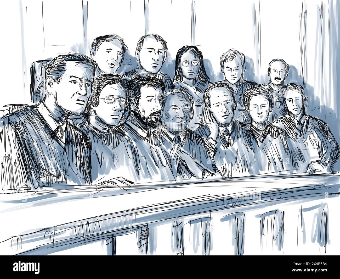 Pastel pencil pen and ink sketch illustration of a courtroom trial ...