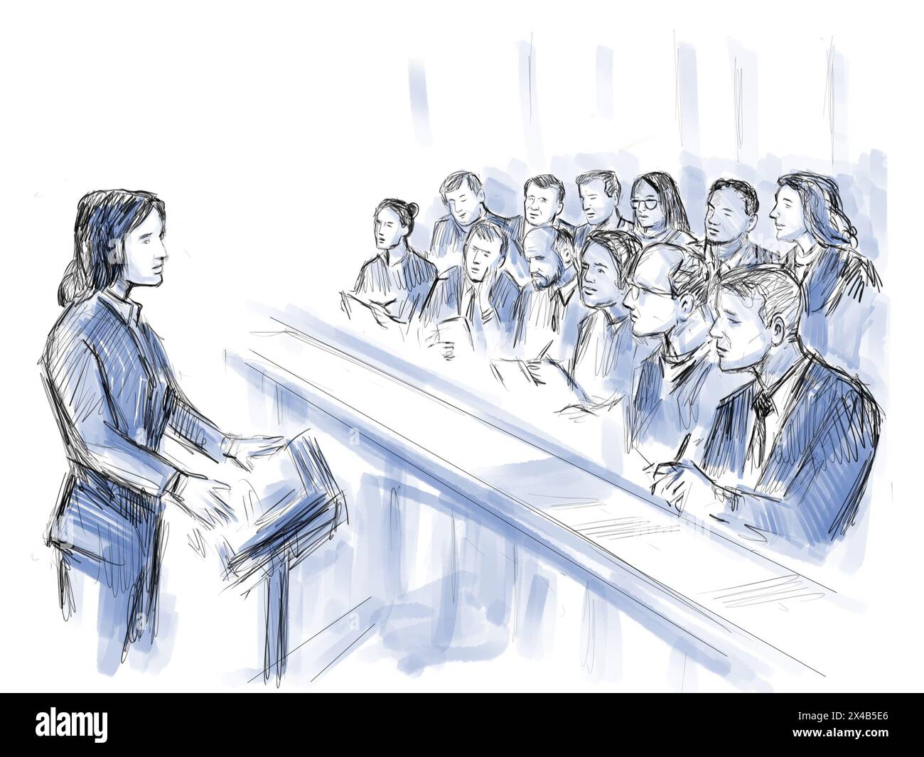 Pastel pencil pen and ink sketch illustration of a courtroom trial ...