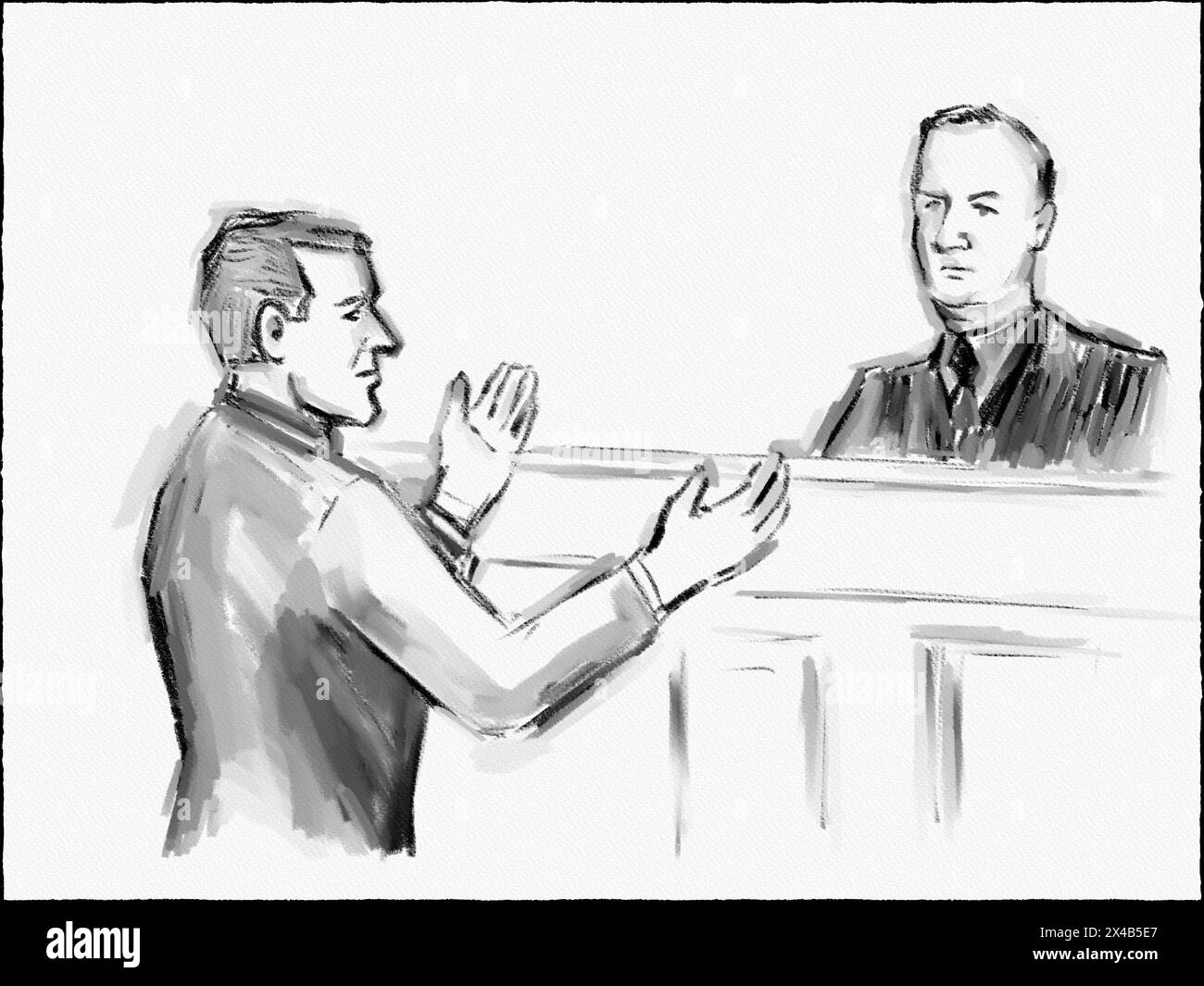 Pastel pencil pen and ink sketch illustration of a courtroom trial ...