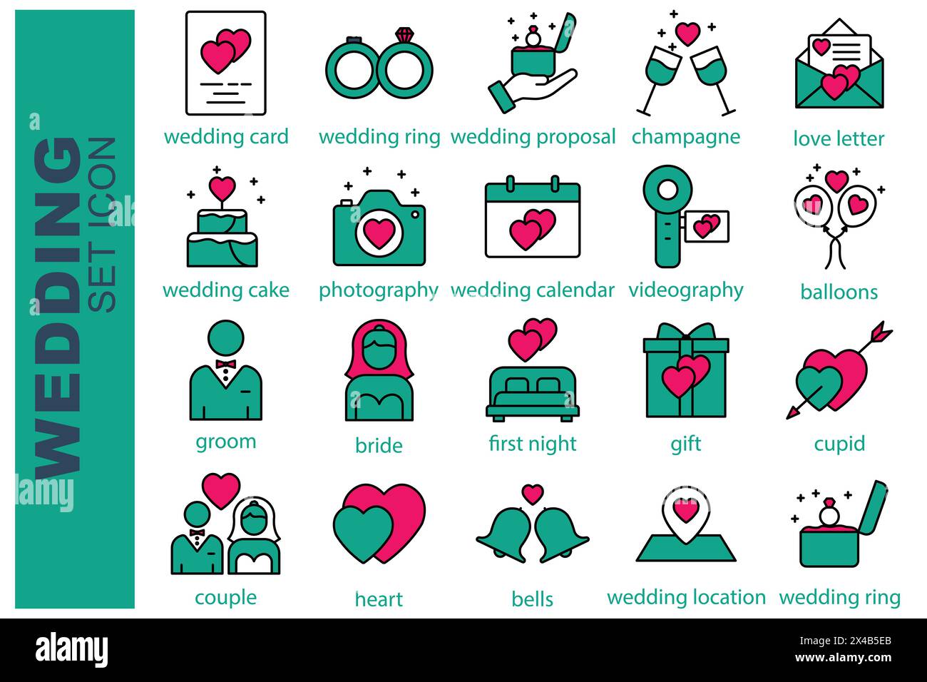 wedding icon set. groom, bride, cupid, wedding card and more. flat line ...