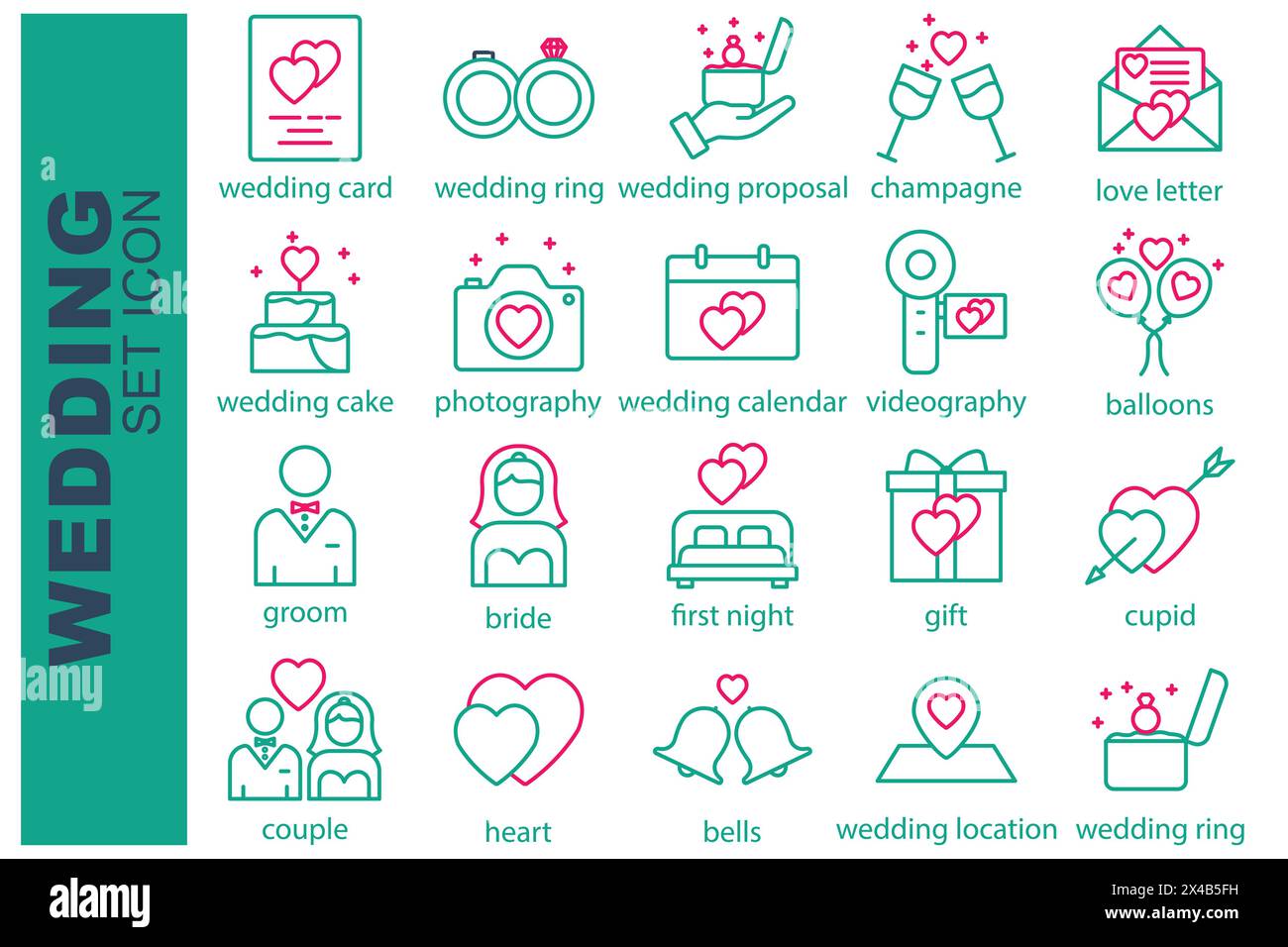 wedding icon set. groom, bride, cupid, wedding card and more. line icon ...