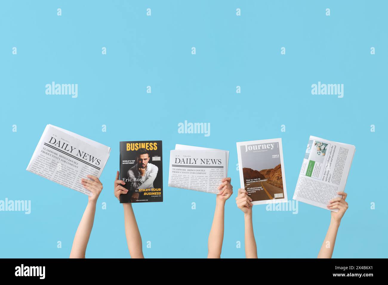 Female hands with newspapers and magazines on color background Stock ...