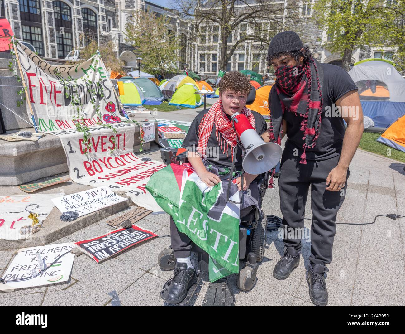 NEW YORK, N.Y. – April 28, 2024: A demonstrator addresses a pro ...