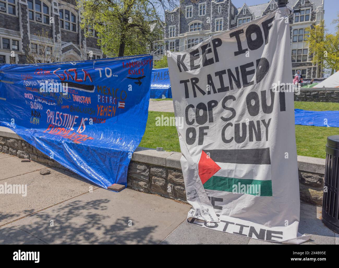 NEW YORK, N.Y. – April 28, 2024: Banners hang at a pro-Palestinian ...