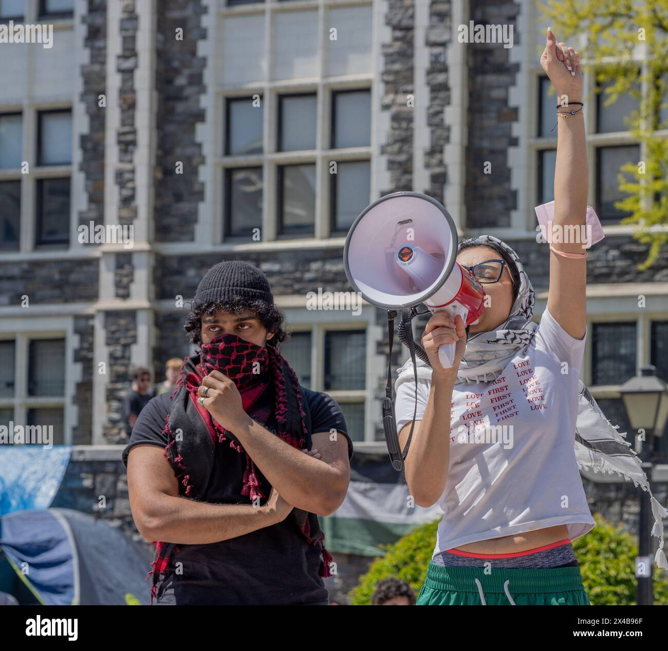 NEW YORK, N.Y. – April 28, 2024: A demonstrator addresses a pro ...