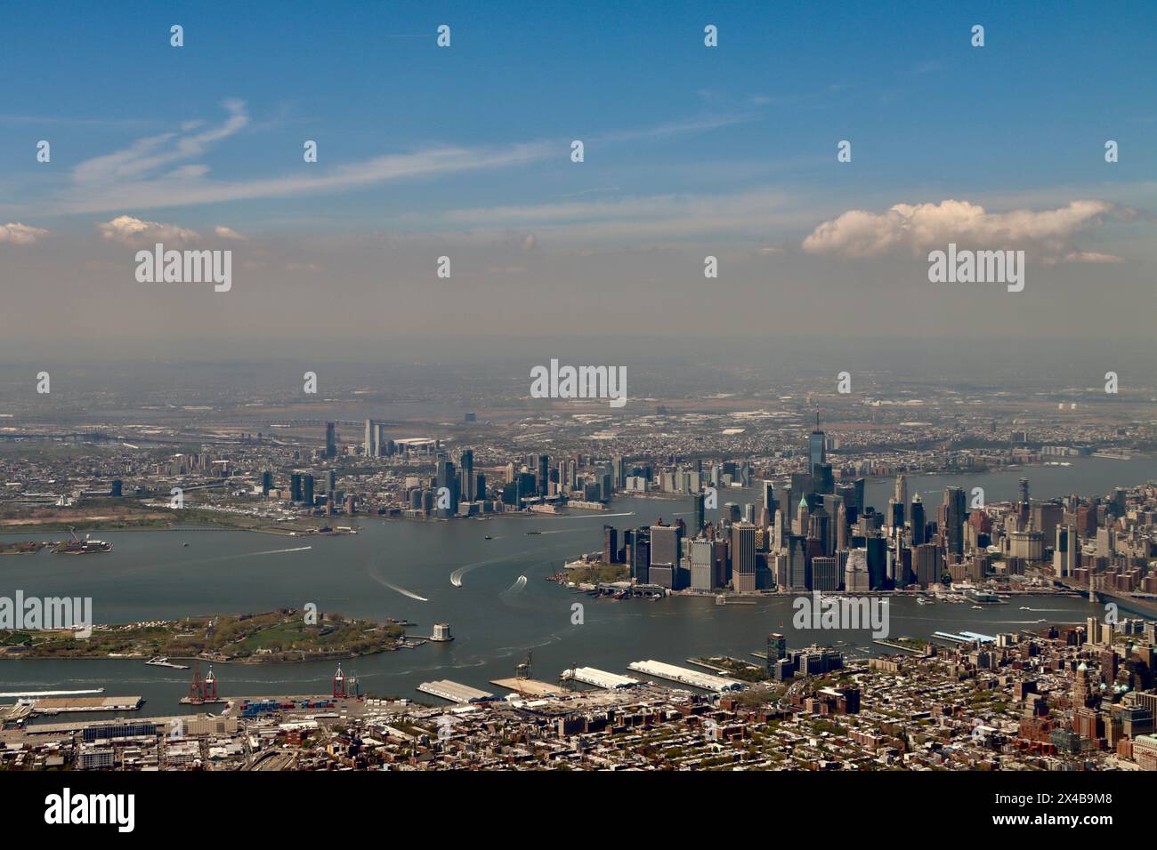 Aerial view of New York harbor, Brooklyn waterfront, and downtown ...