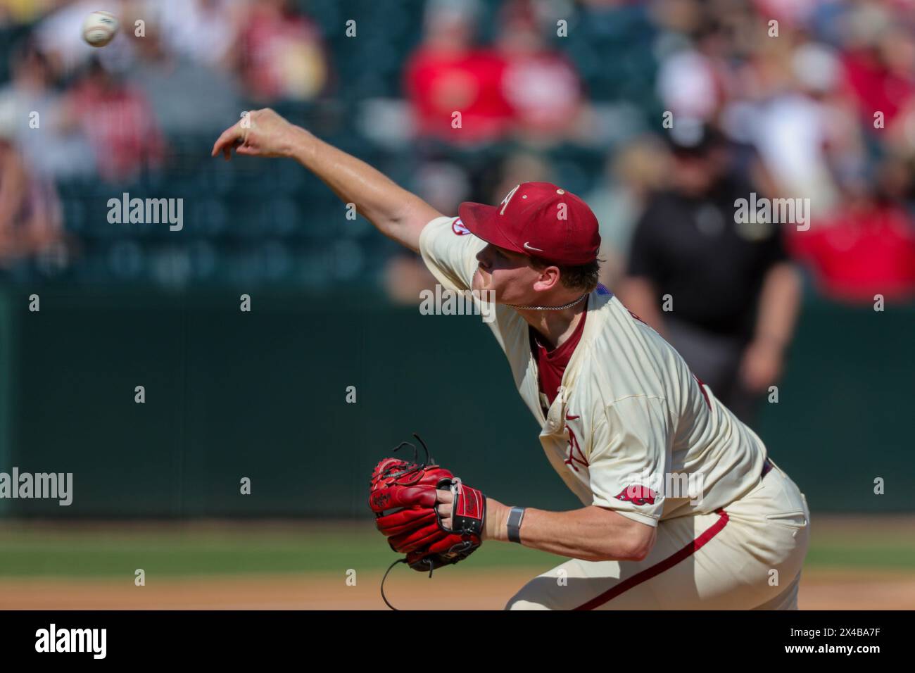 May 1, 2024: Razorback pitcher Ben Bybee #40 lets go of the ball headed ...