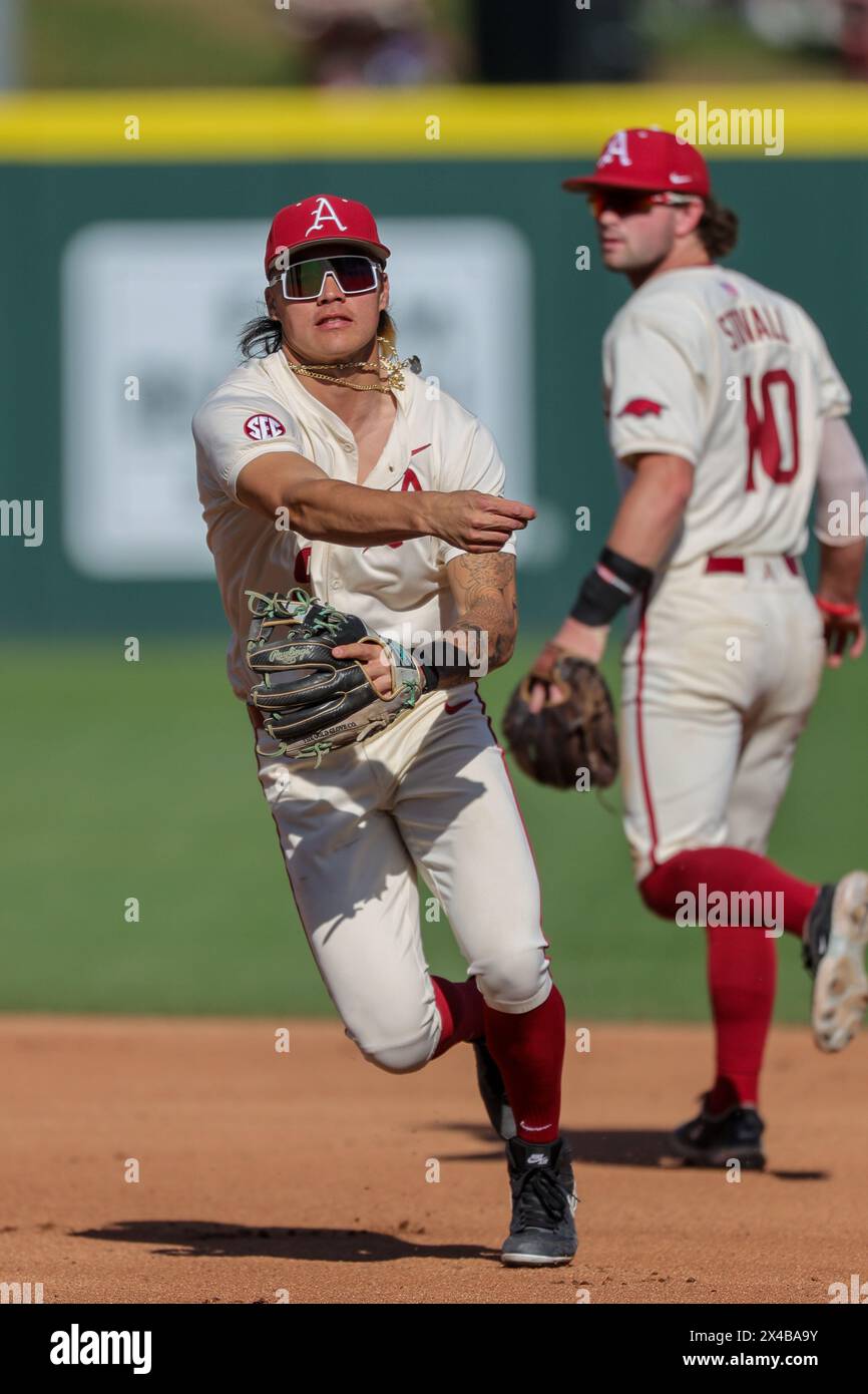 May 1, 2024: Razorback infielder Wehiwa Aloy #9 follows through on his ...