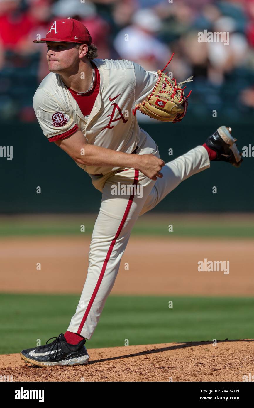 May 1, 2024: Razorback pitcher Dylan Carter #31 follows through on his ...