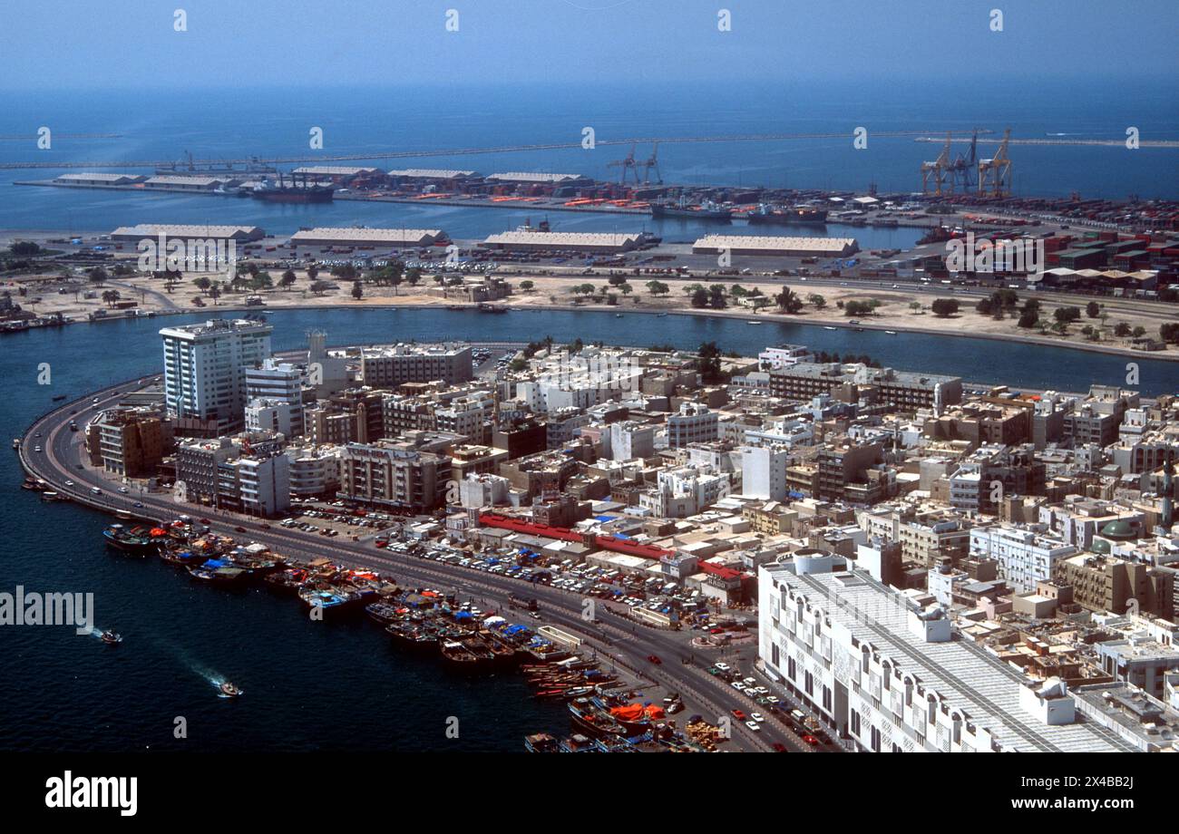 Lower end of Dubai creek with port and development, UAE, 1992 Stock ...