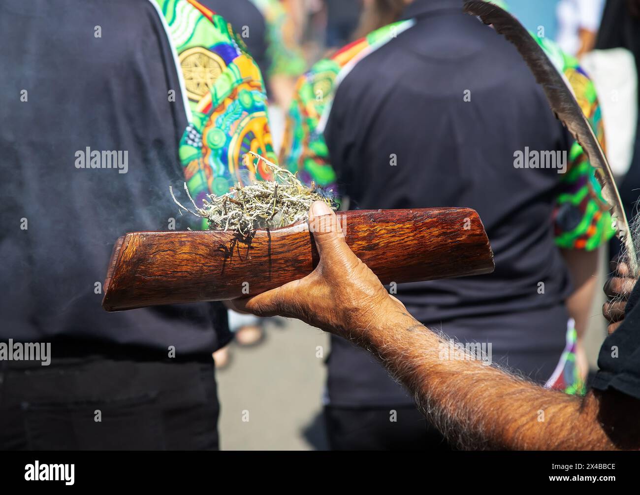 Ritual fire with green branch, smoke and fire, the smoke ritual rite at ...
