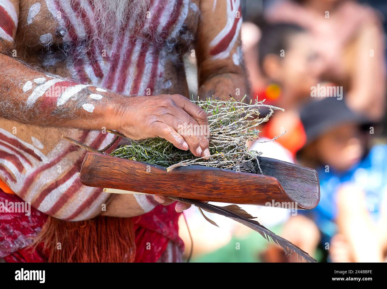 Ritual fire with green branch, smoke and fire, the smoke ritual rite at ...