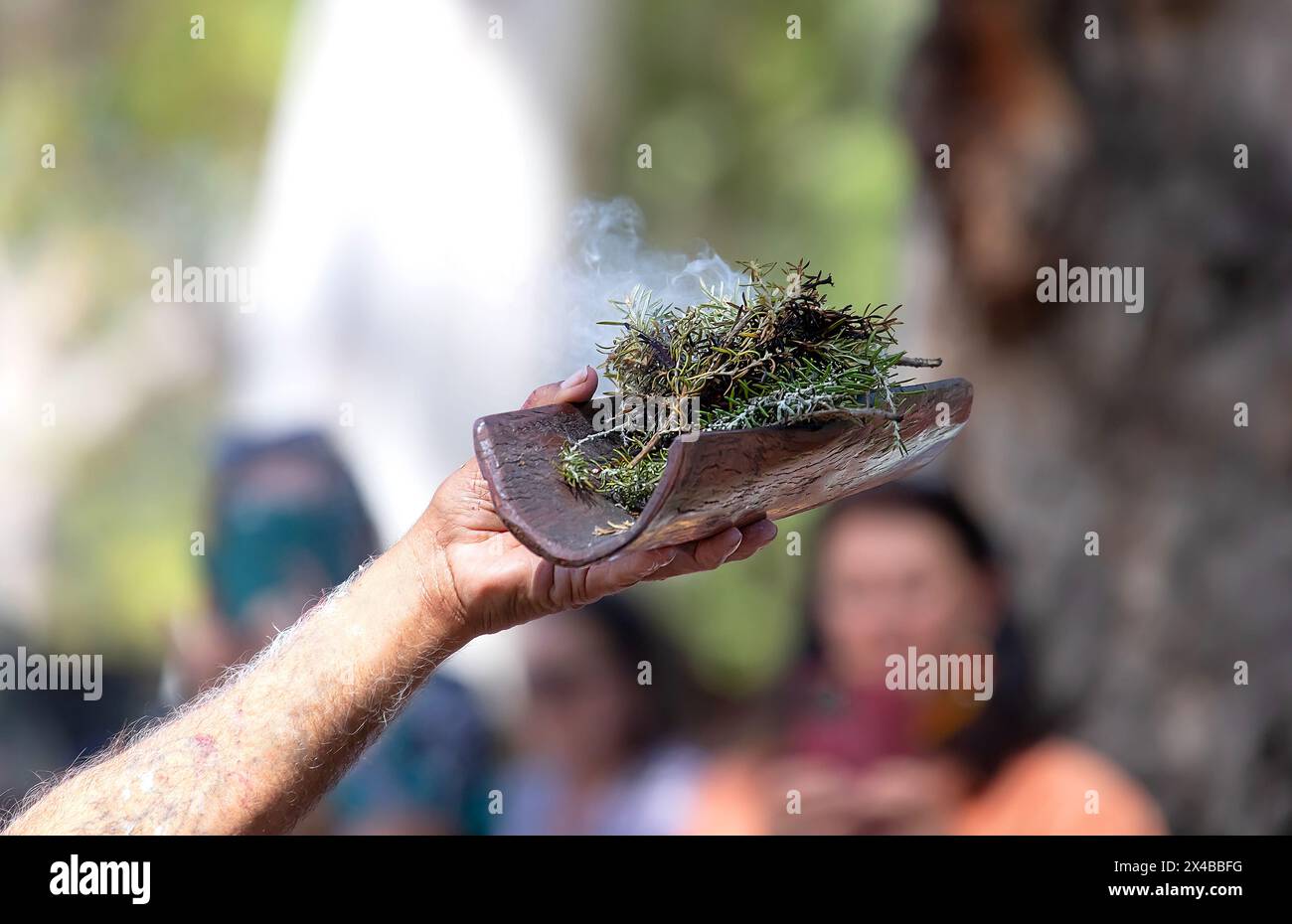 Ritual fire with green branch, smoke and fire, the smoke ritual rite at ...