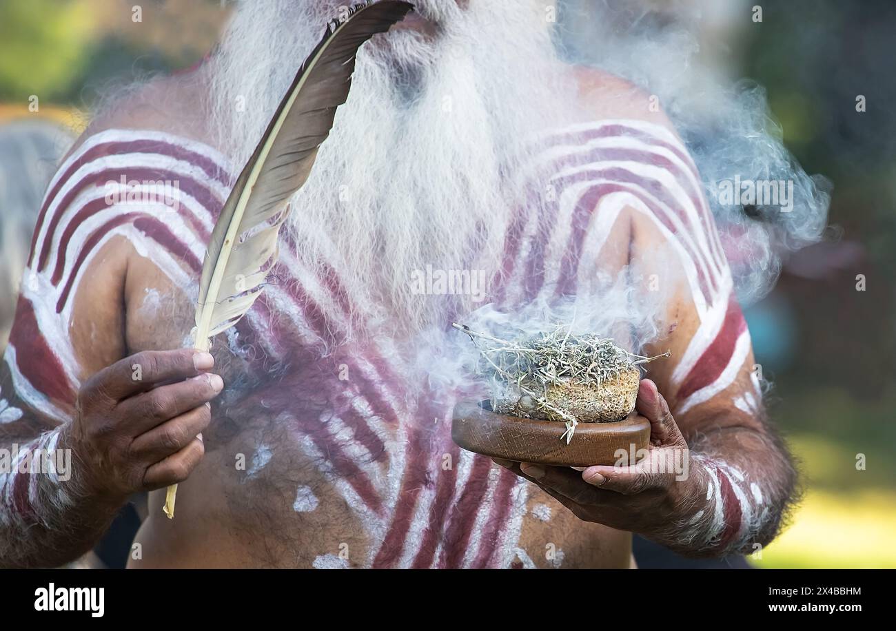 Ritual fire with green burning branch, smoke and fire, the smoke ritual ...