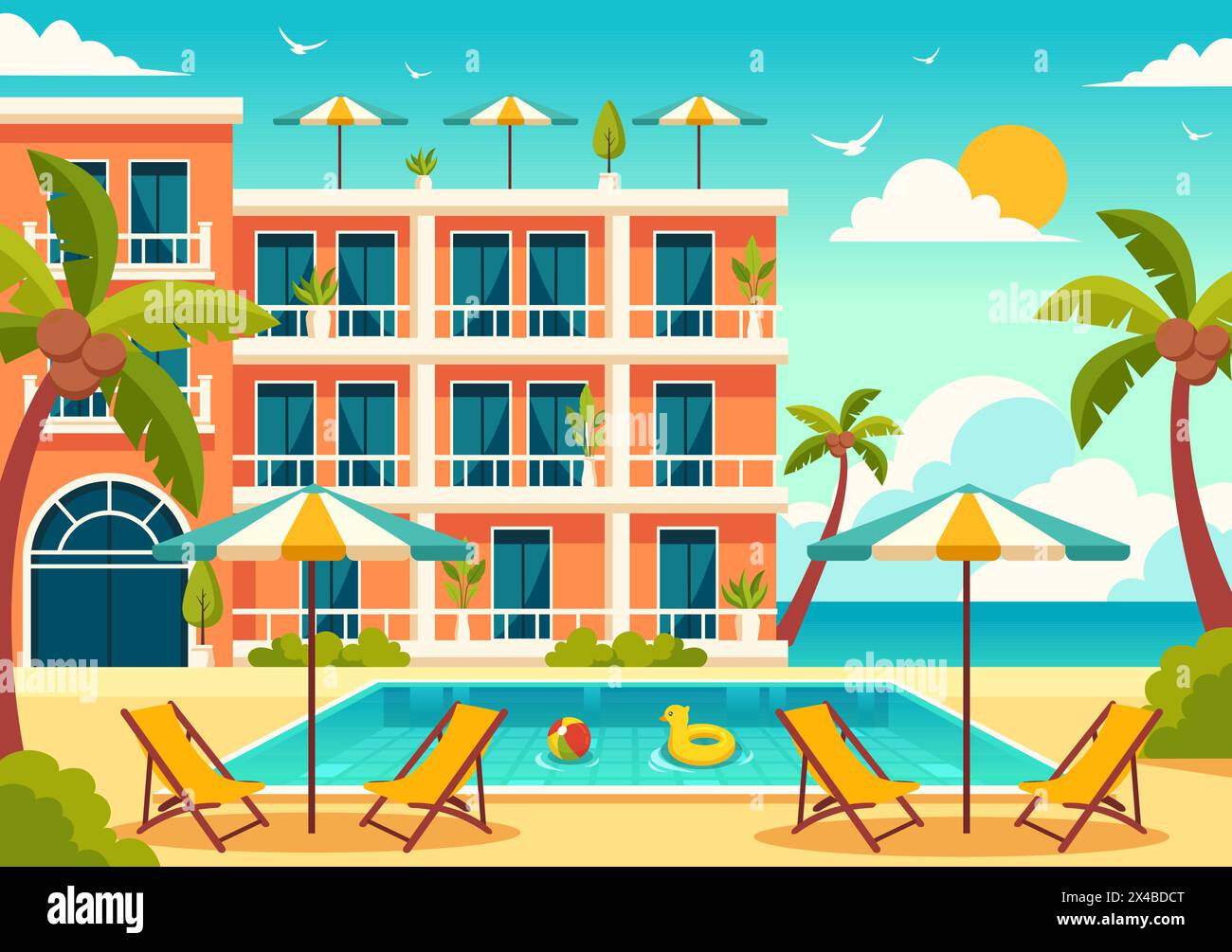 Hotel Vector Illustration of interior and exterior with building on ...