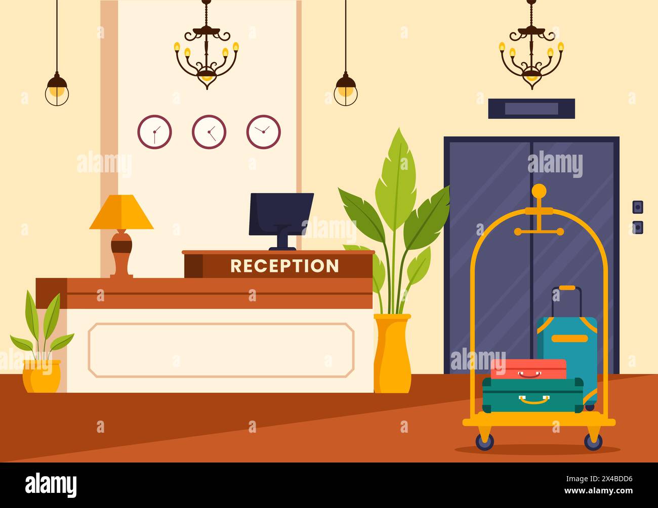 Hotel Reception Interior Vector Illustration with Receptionist People ...