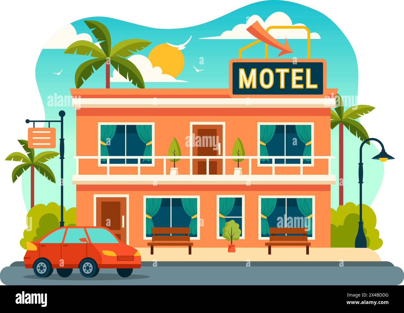 Hotel Vector Illustration of interior and exterior with building on ...