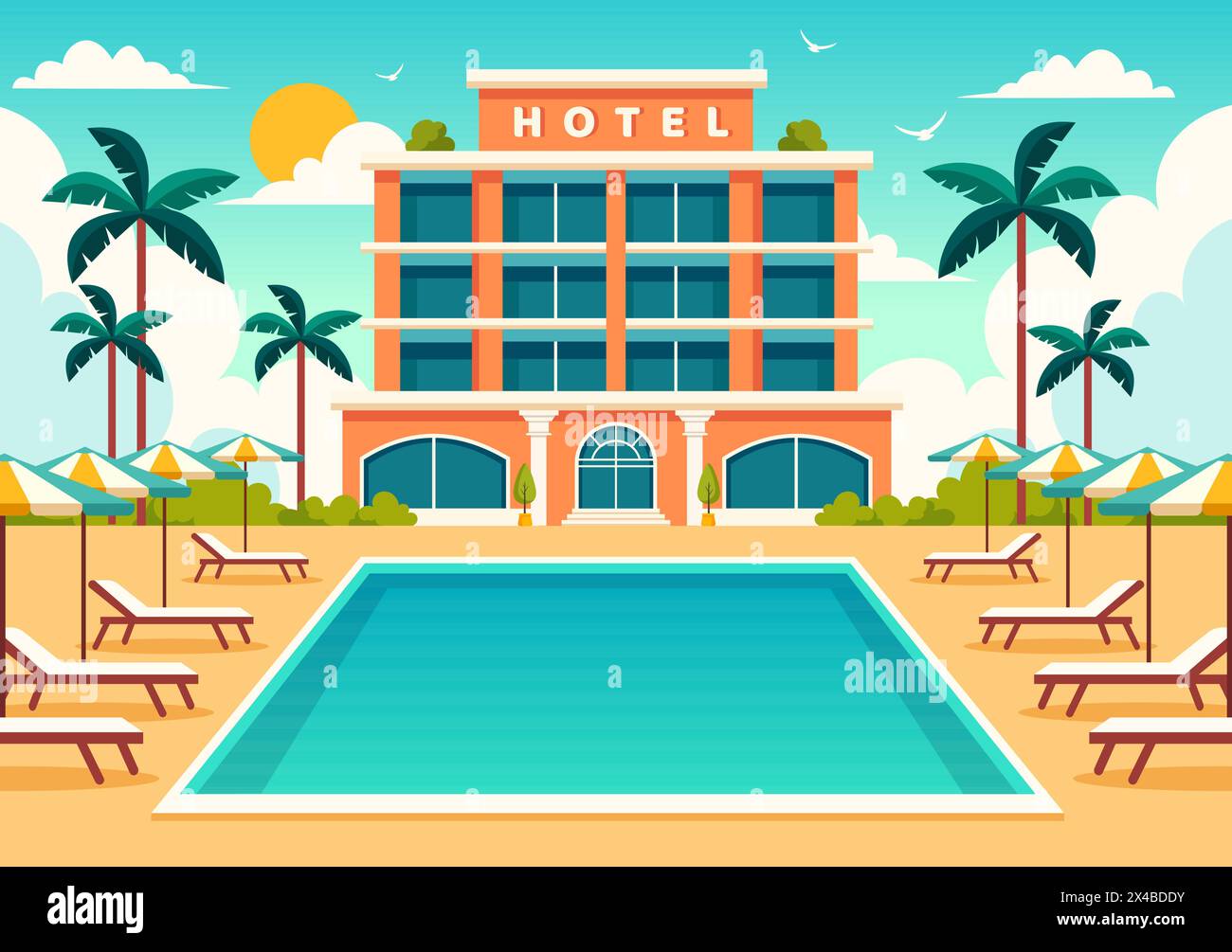 Hotel Vector Illustration of interior and exterior with building on ...