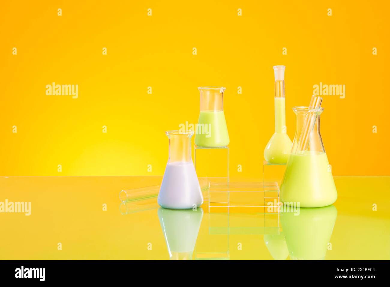 Front view of laboratory equipment filled with color solution decorated ...