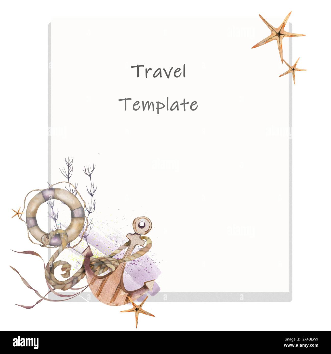 Marine-themed card. Seashells, Seaweed, Lifebuoy, Ropes, Starfish ...