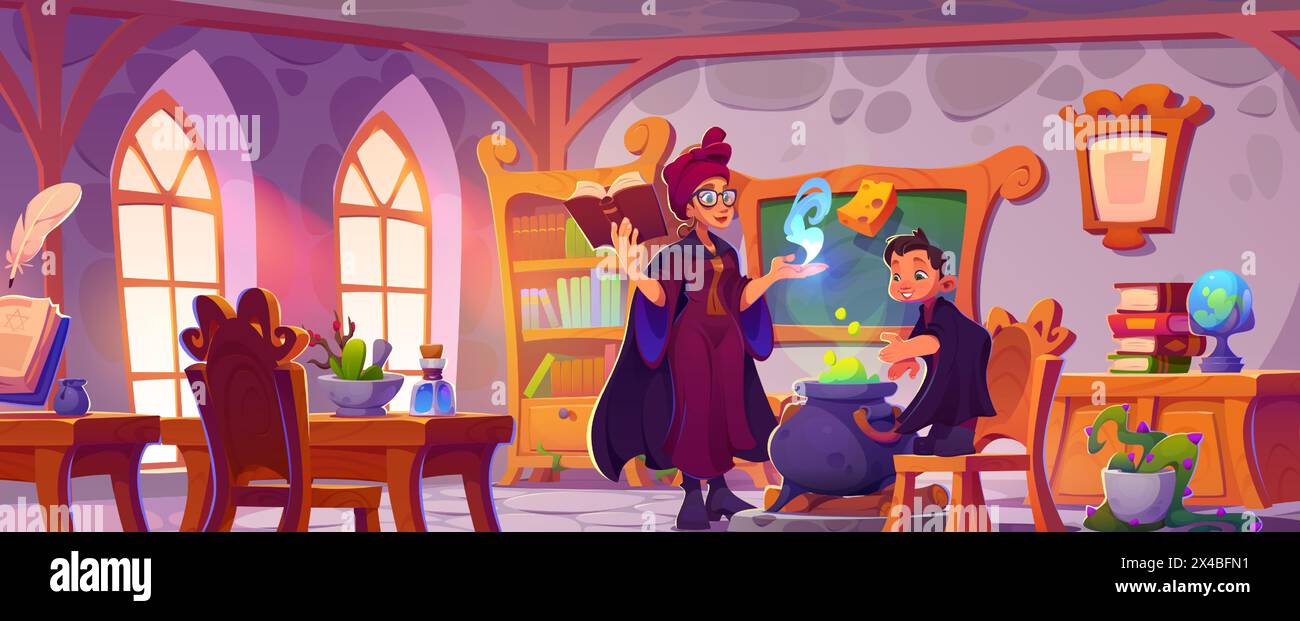 Woman wizard in magic school room with old book. Witch classroom with ...