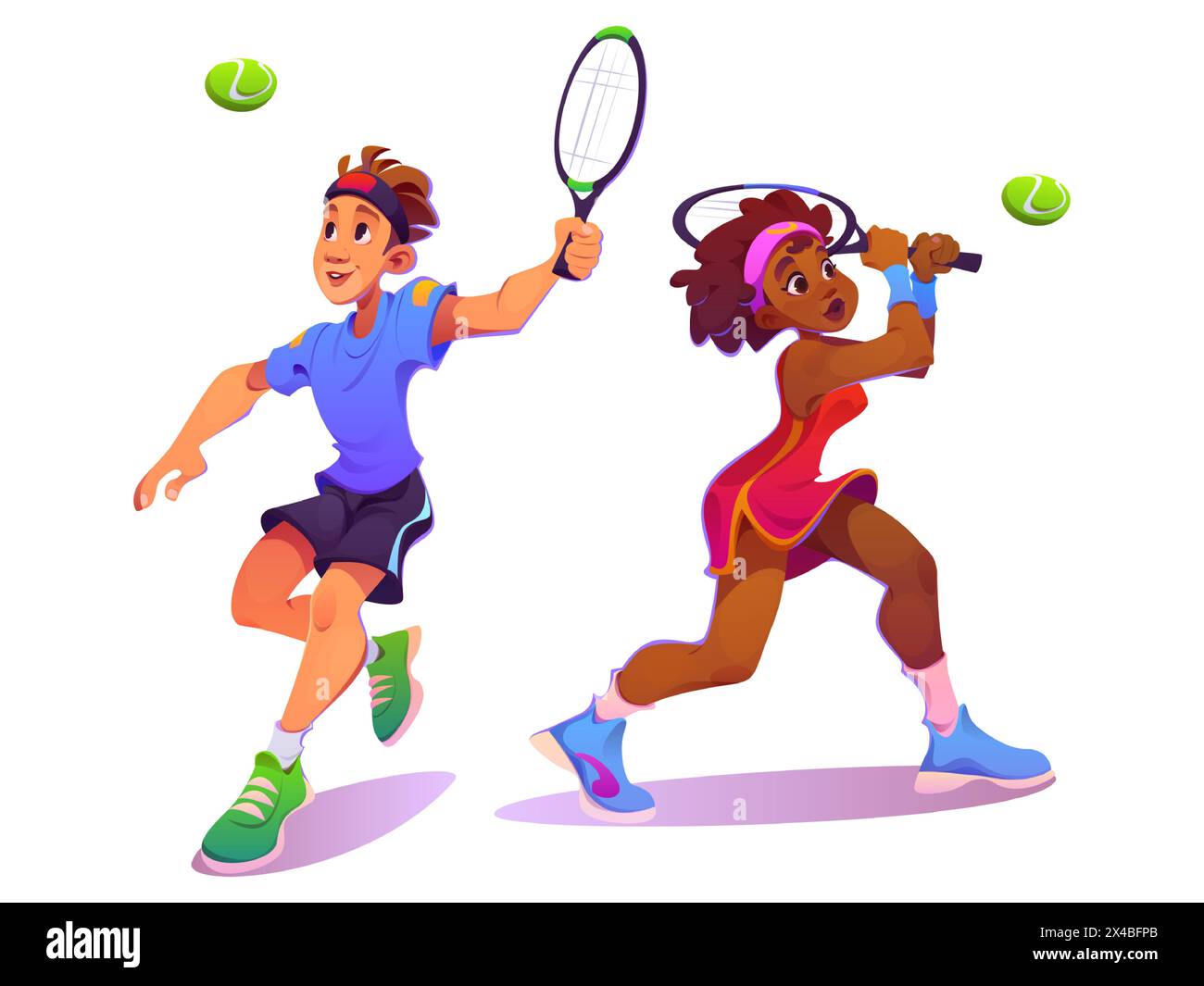 Cartoon Kids Playing Tennis Vector Clip Art Illustration