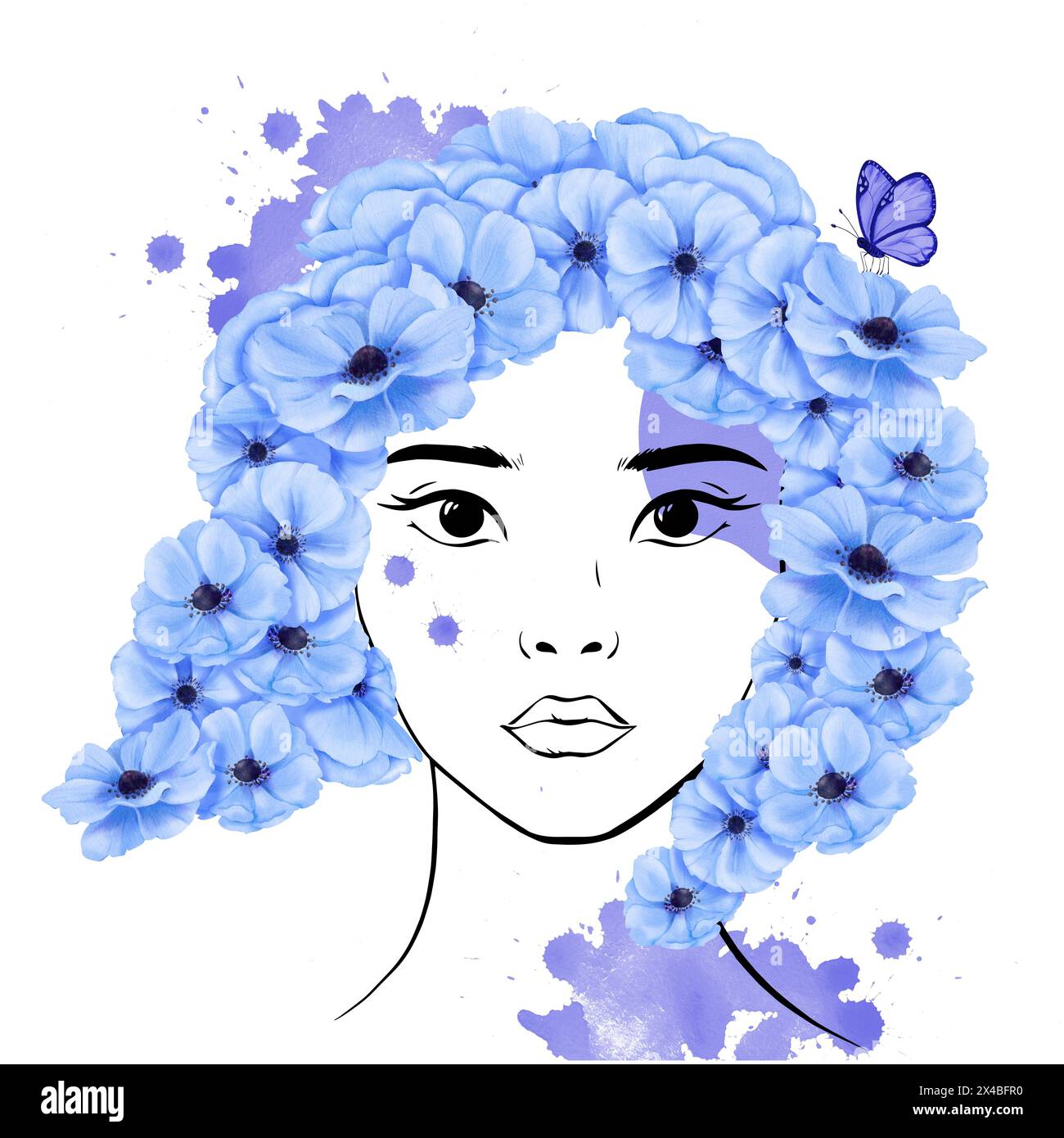 line drawing portraying the grace of a youthful Asian lady. Adorned ...