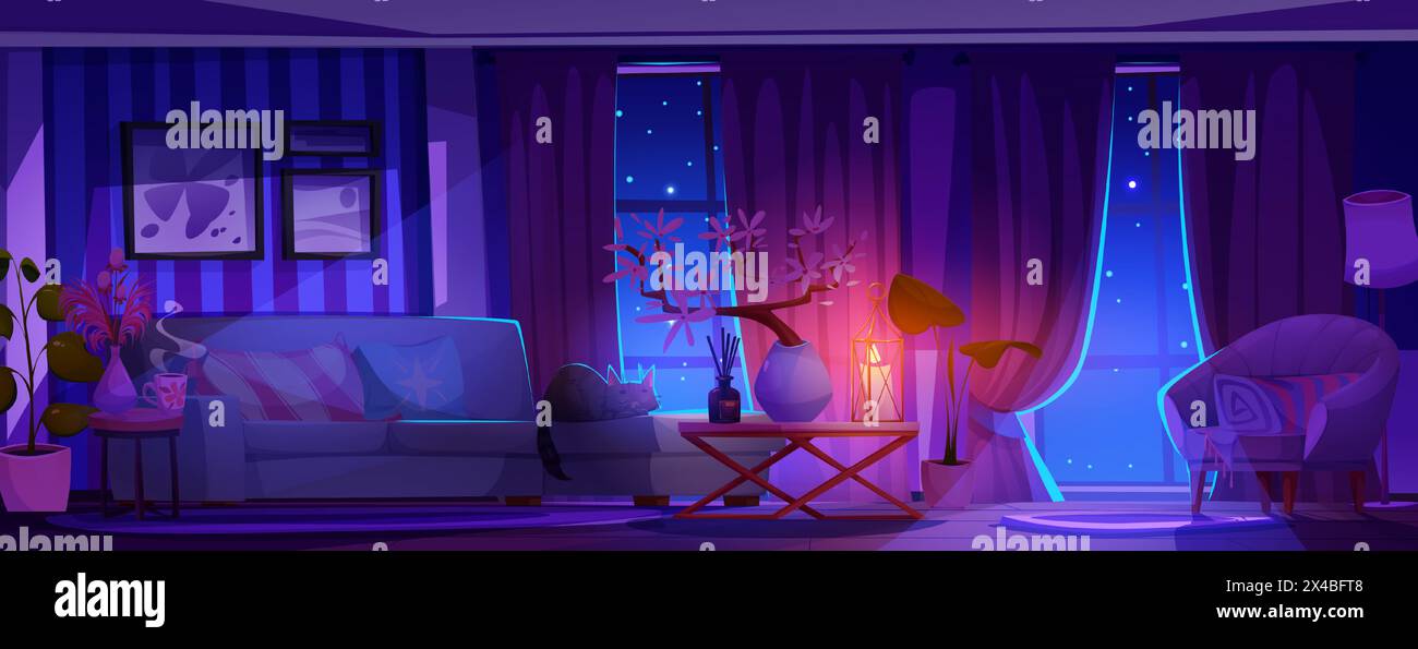 Living room interior at night - dark blue house inside with windows and ...
