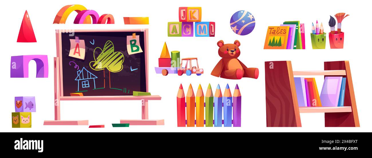 Preschool classroom for kid. Kindergarten room furniture vector ...