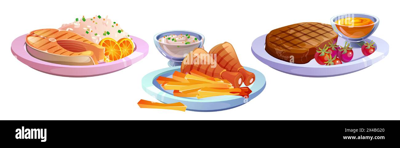 Meat and fish dishes set isolated on white background. Vector cartoon ...