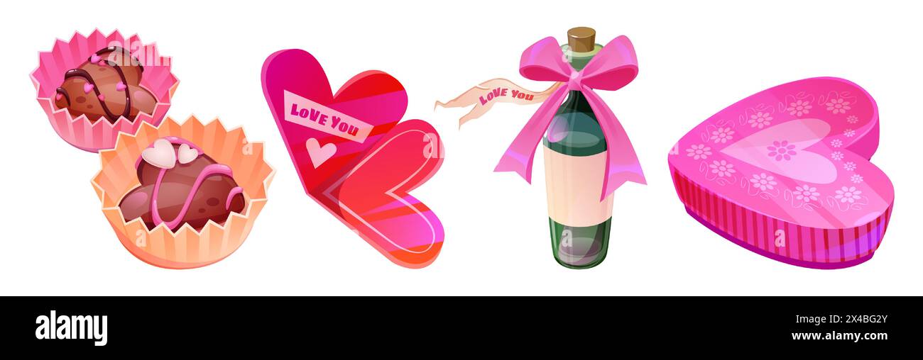 Chocolate Valentine day set with candy in gift box. Wine, sweet food ...