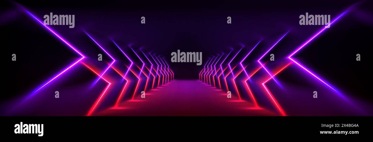 Hallway room interior with neon arrow light on walls and reflections on ...