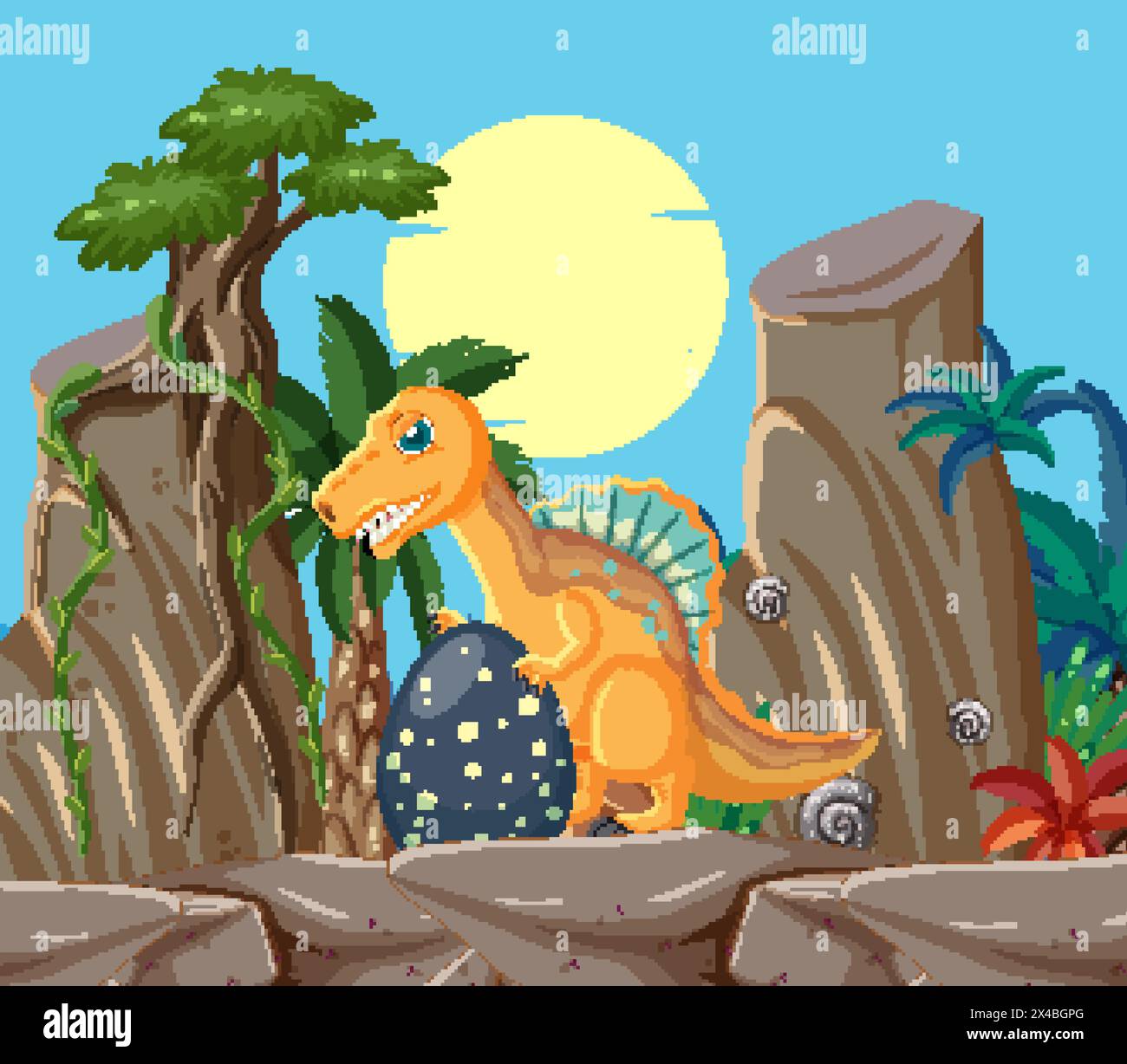 Colorful dinosaur among trees under a bright sun Stock Vector Image ...
