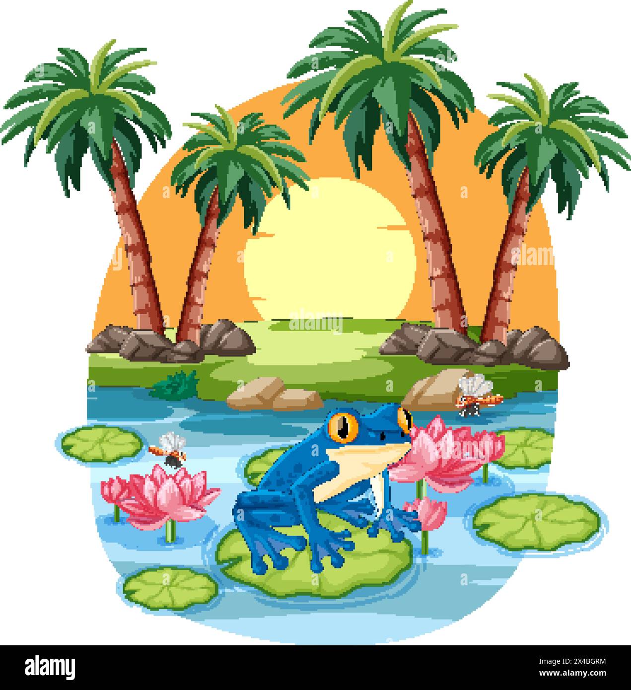 Colorful frog sitting on lily pad in pond Stock Vector Image & Art - Alamy
