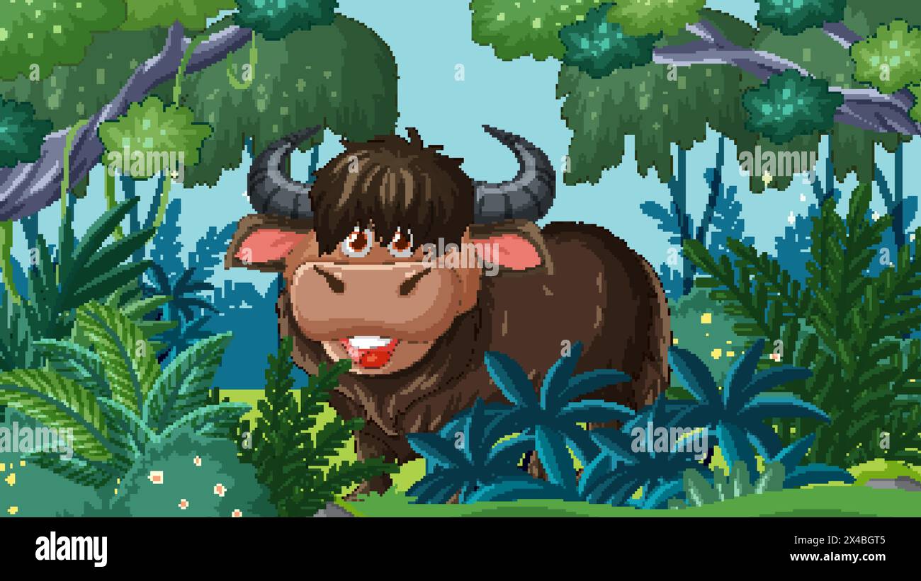 Cartoon yak smiling among vibrant jungle foliage Stock Vector Image ...