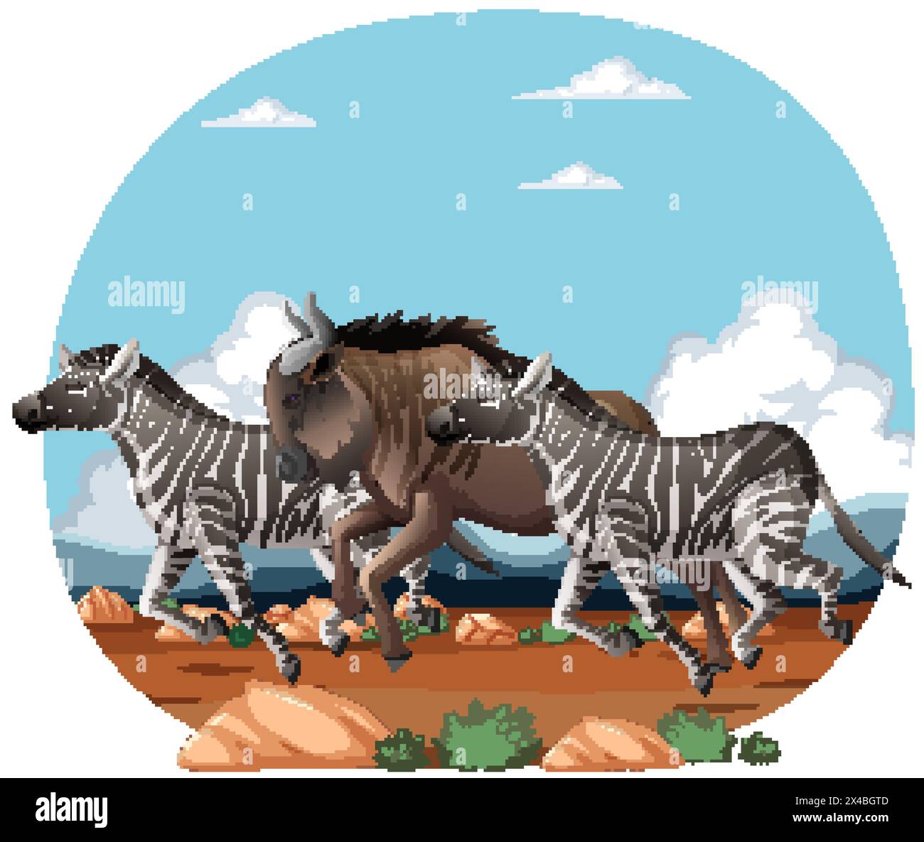 Illustration of zebras and a wildebeest running together Stock Vector Image & Art - Alamy