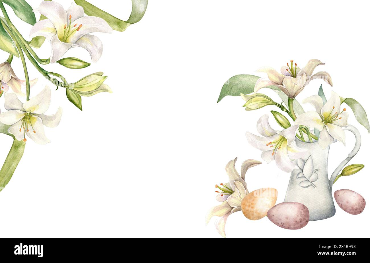 Floral Easter border with eggs and white flowers. Lily in a jug ...