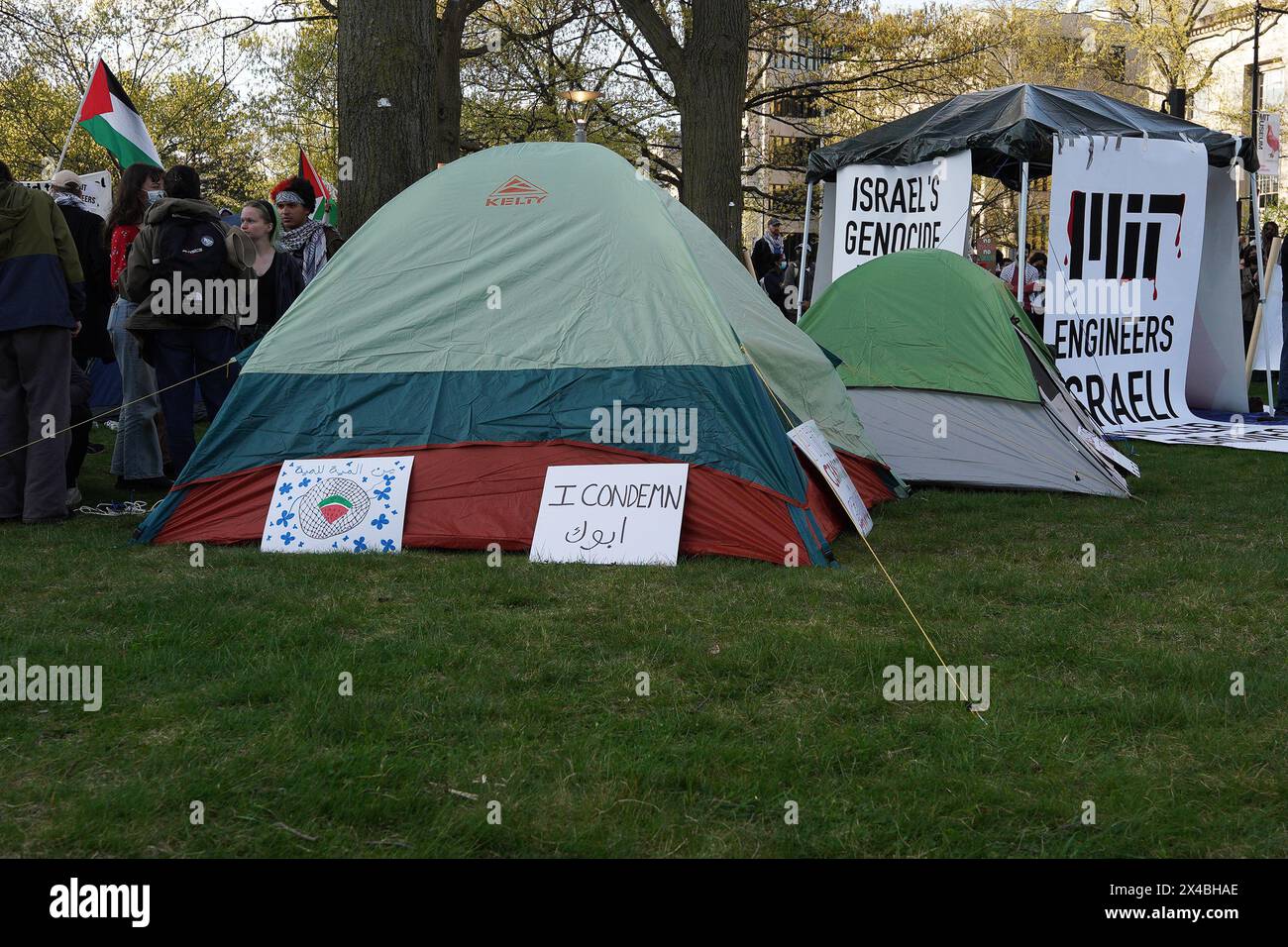 Newly erected tents stand at MIT's second encampment, which sits closer ...