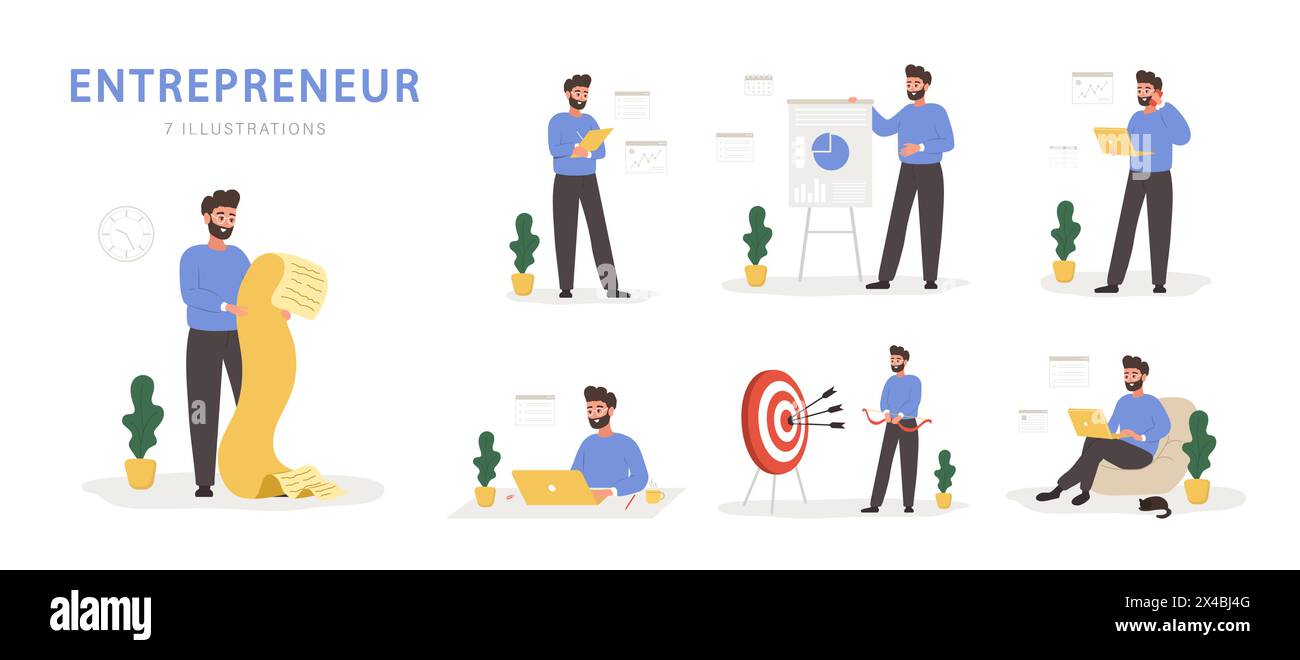 Set of male entrepreneurs. Successful men in various scenes. Modern ...